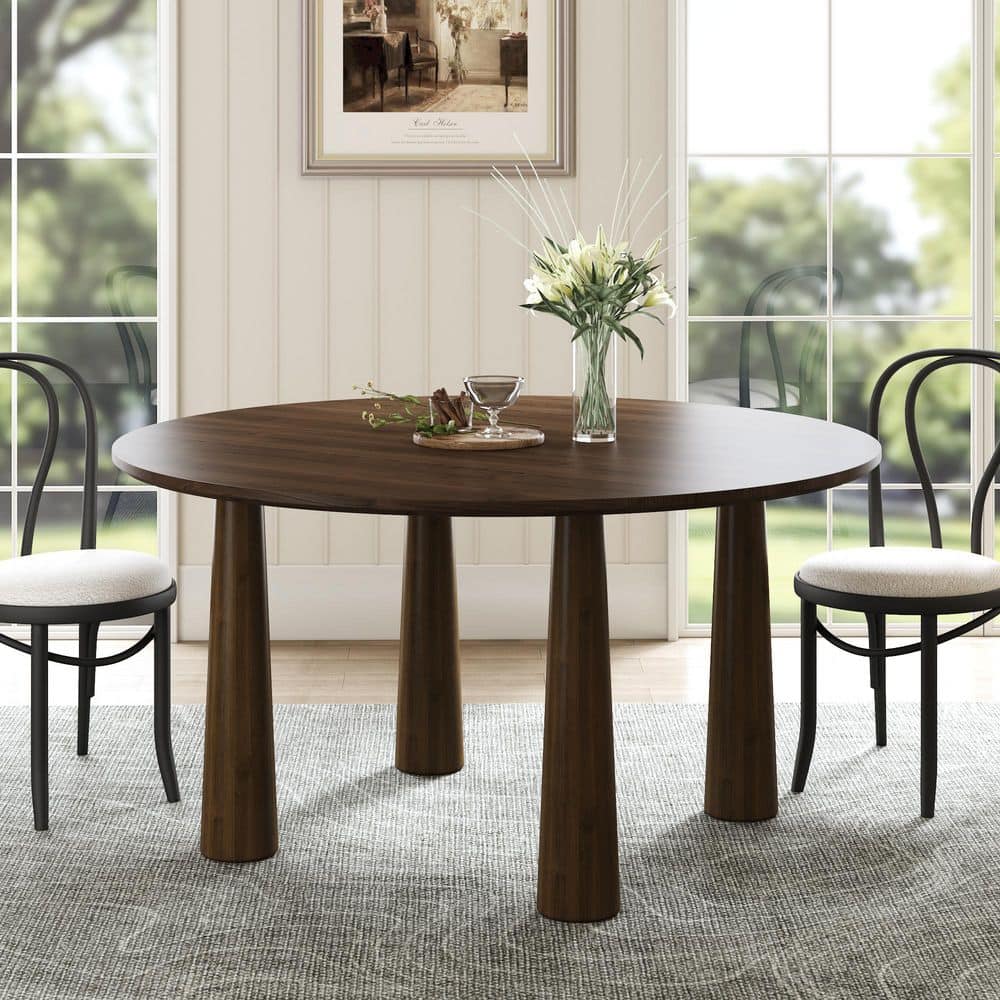 Lirago Round Walnut Solid Wood 52 in. Kitchen Tables 4-Legs Dining ...