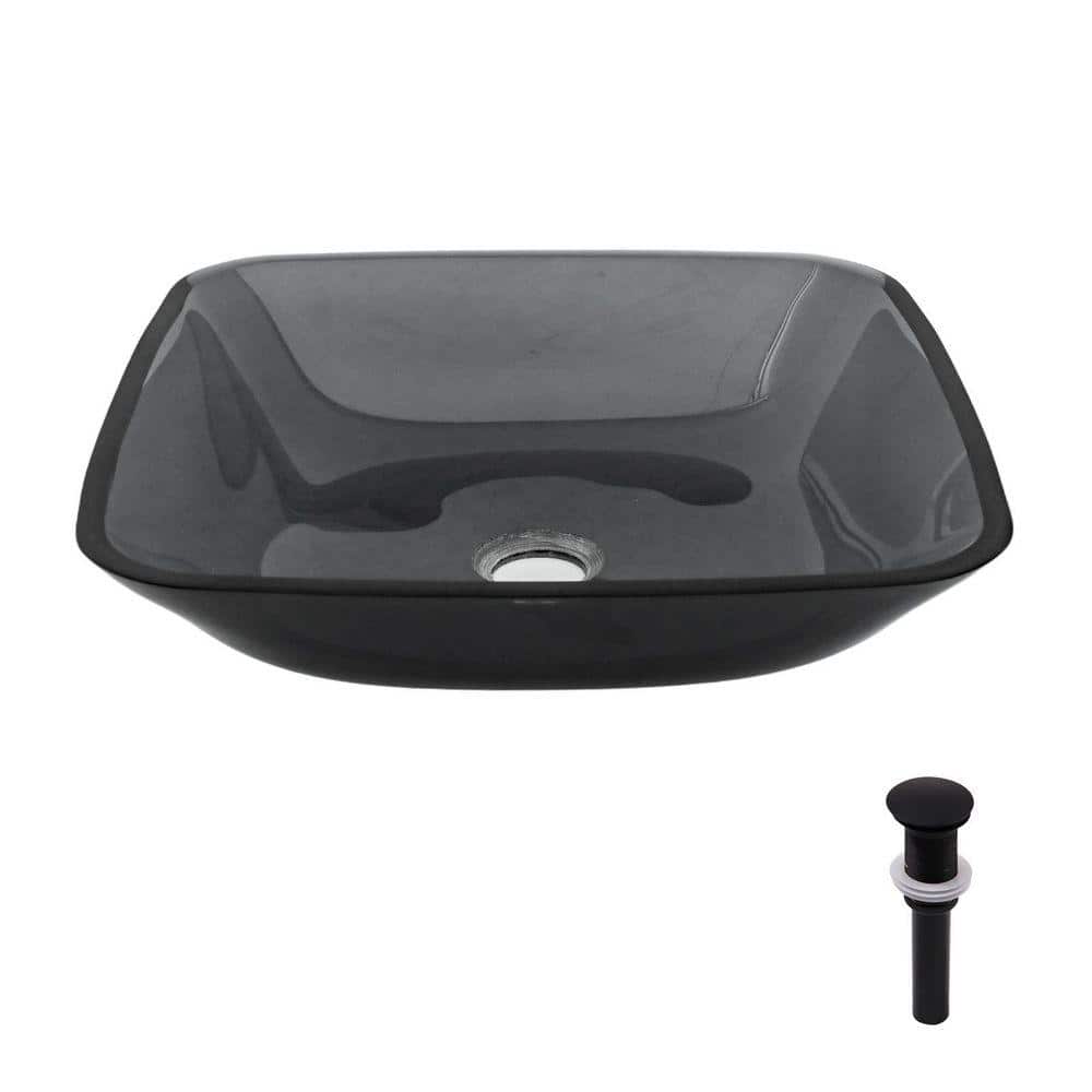 Qidian 16 in. Grey Square Tempered Glass Vessel Bathroom Sink with Pop ...