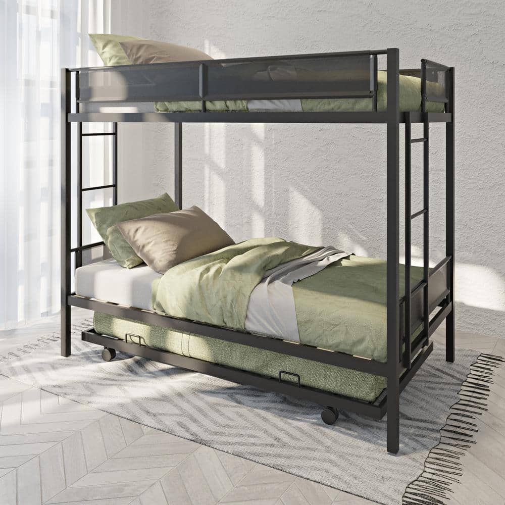 Polibi Metal Twin Over Twin Bunk Bed with Trundle, Can Be Separated ...