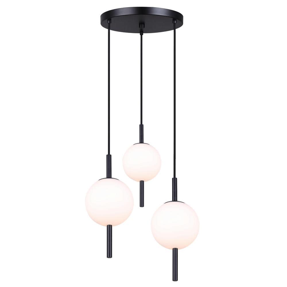 CANARM Nara 40-Watt 3 Light Matte Black Modern Pendant Light with White ...