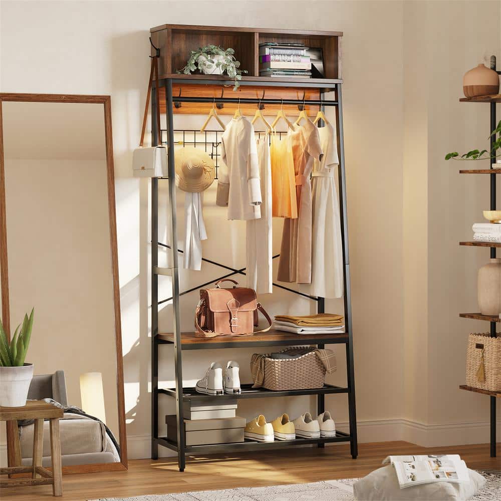 Bestier Walnut Multi-Functional Hall Tree and Coat Rack Combo with LED ...