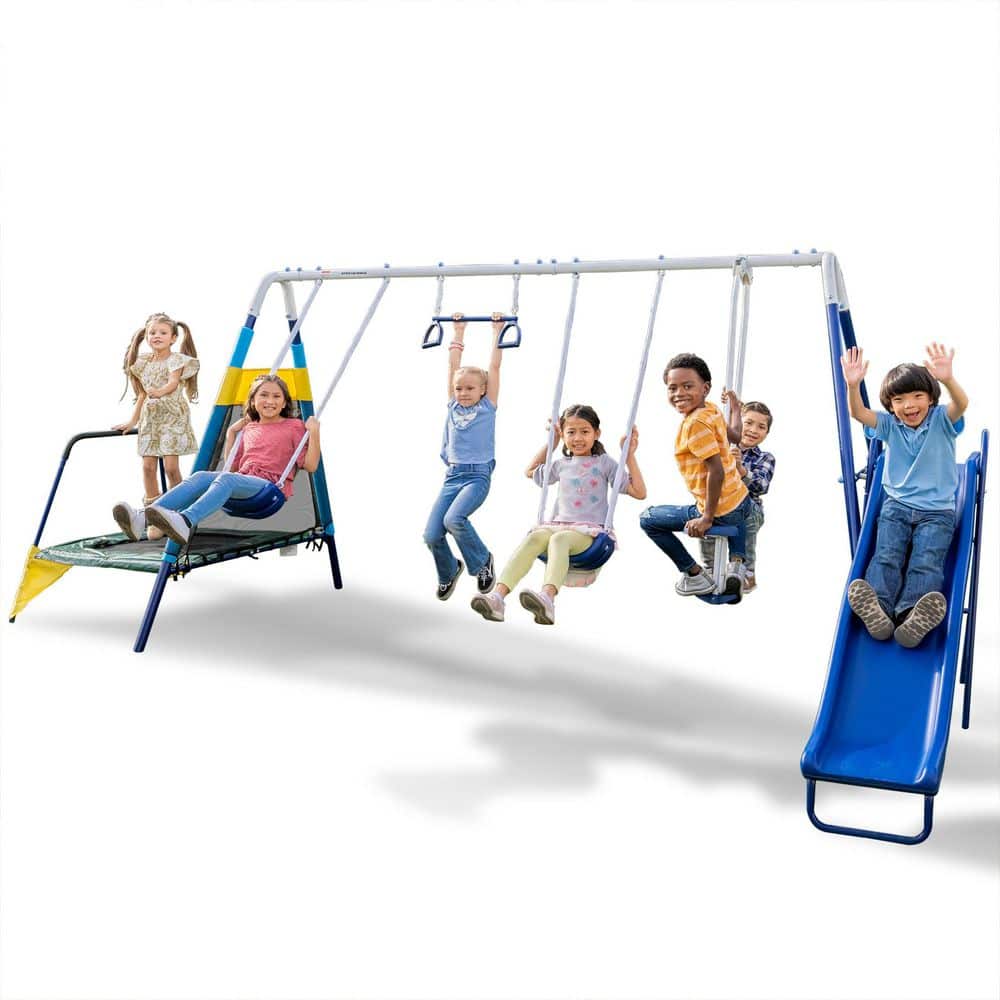 SPORTSPOWER Jump & Swing 7-Station Metal Swings Playset with Trampoline ...