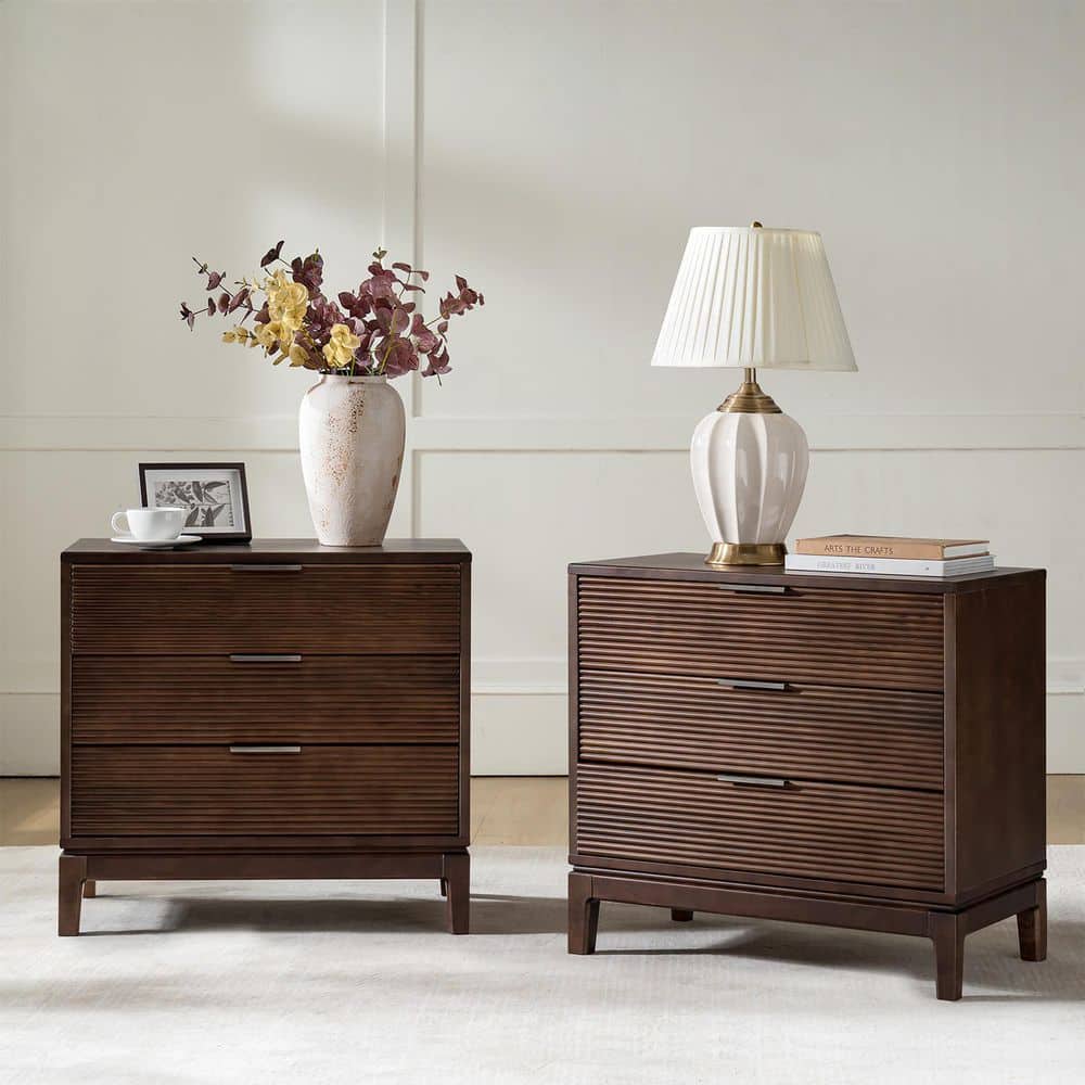 JAYDEN CREATION Peter Walnut 3-Drawer 28 in. W Nightstand with Charging ...
