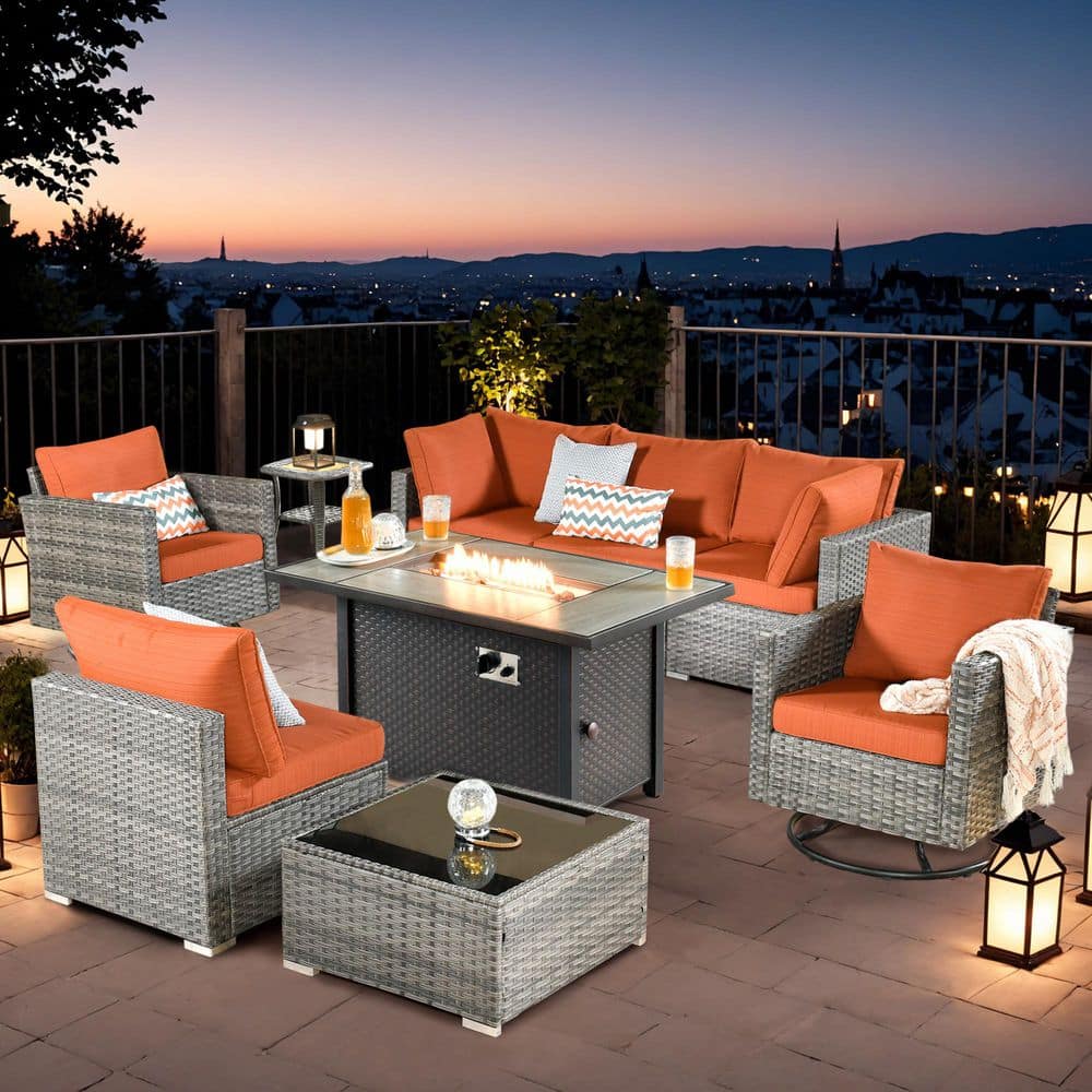 XIZZI Clove 9 Pieces Wicker Outdoor Patio Rectangular Fire Pit Set and ...