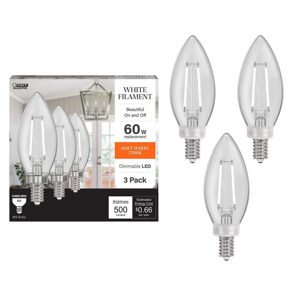 Feit Electric 60-Watt Equivalent B10 E12 Candelabra Dim White Filament ...