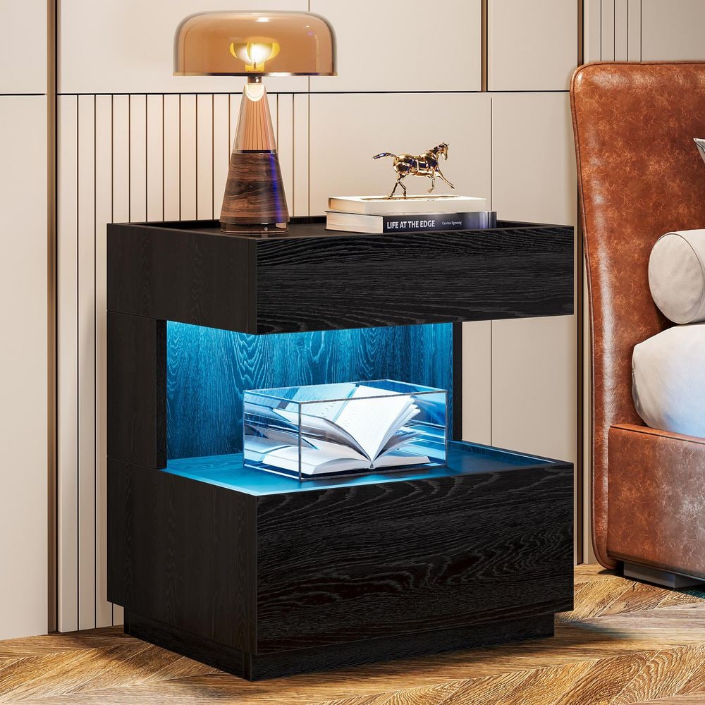 BYBLIGHT Fenley Black 2-Drawer 20 in. W Nightstand, Modern LED Bedside ...