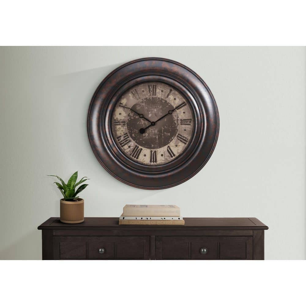 30 in. W Brown Large Oversized Analog Plastic Round Wall Clock with ...