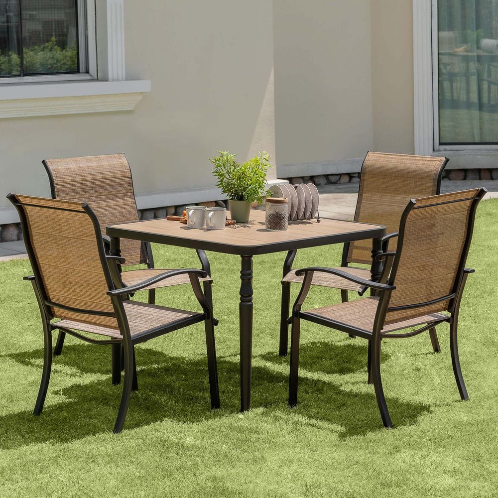 Nuu Garden Black 5-Piece Textilene and Metal Square Outdoor Dining Set with Umbrella Hole and ...