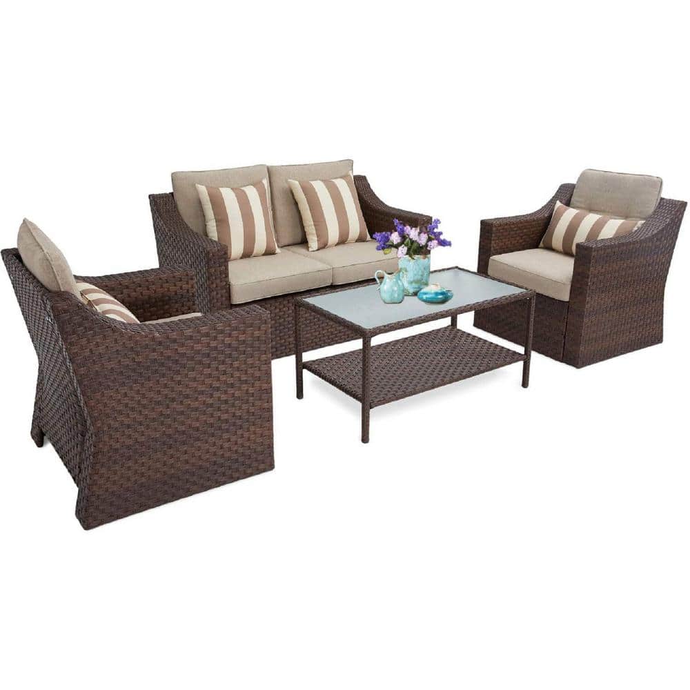 Suncrown Brown 4-Piece Wicker Patio Conversation Set with Light Brown ...