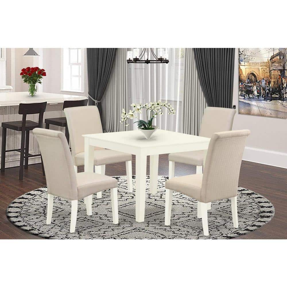 East West Furniture 5-Piece Square Linen White Finish Solid Wood Top ...