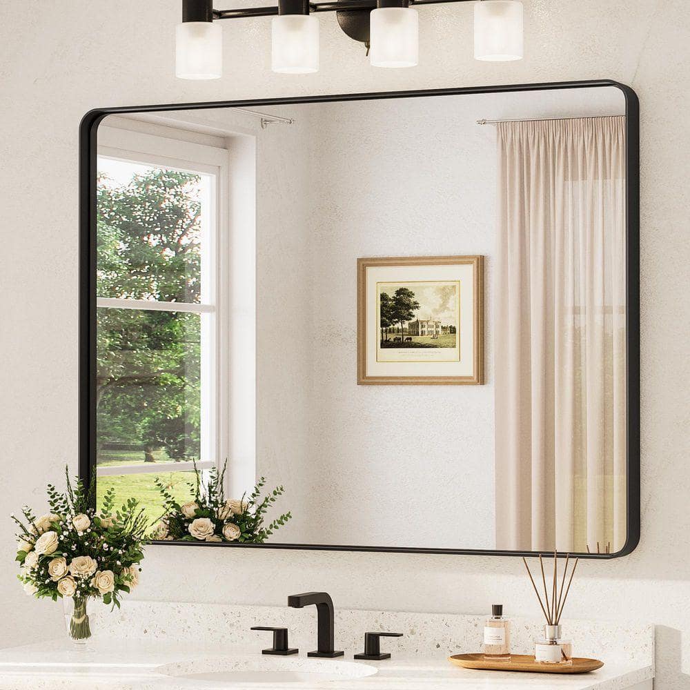 TETOTE 48 in. W x 36 in. H Modern Rectangular Black Bathroom Mirror ...