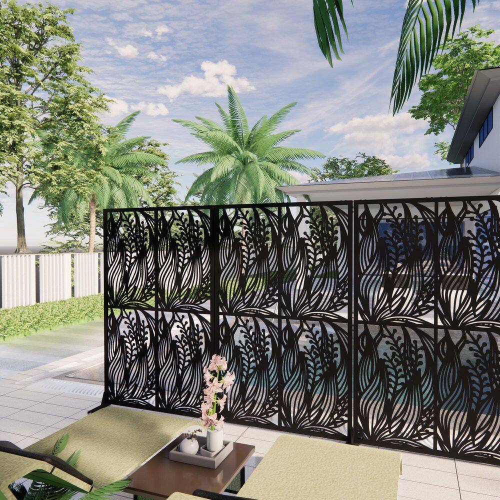 Seafuloy 72 in. Black Iron Privacy Screen, Freestanding Leaf Shape for ...