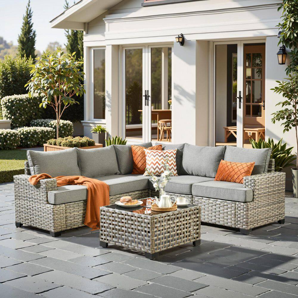 Caodoc Silvae Gray 6-Piece PE Rattan Wicker Outdoor Sectional Set Patio ...