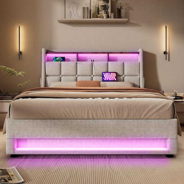 Wooden bed frame with led lights store