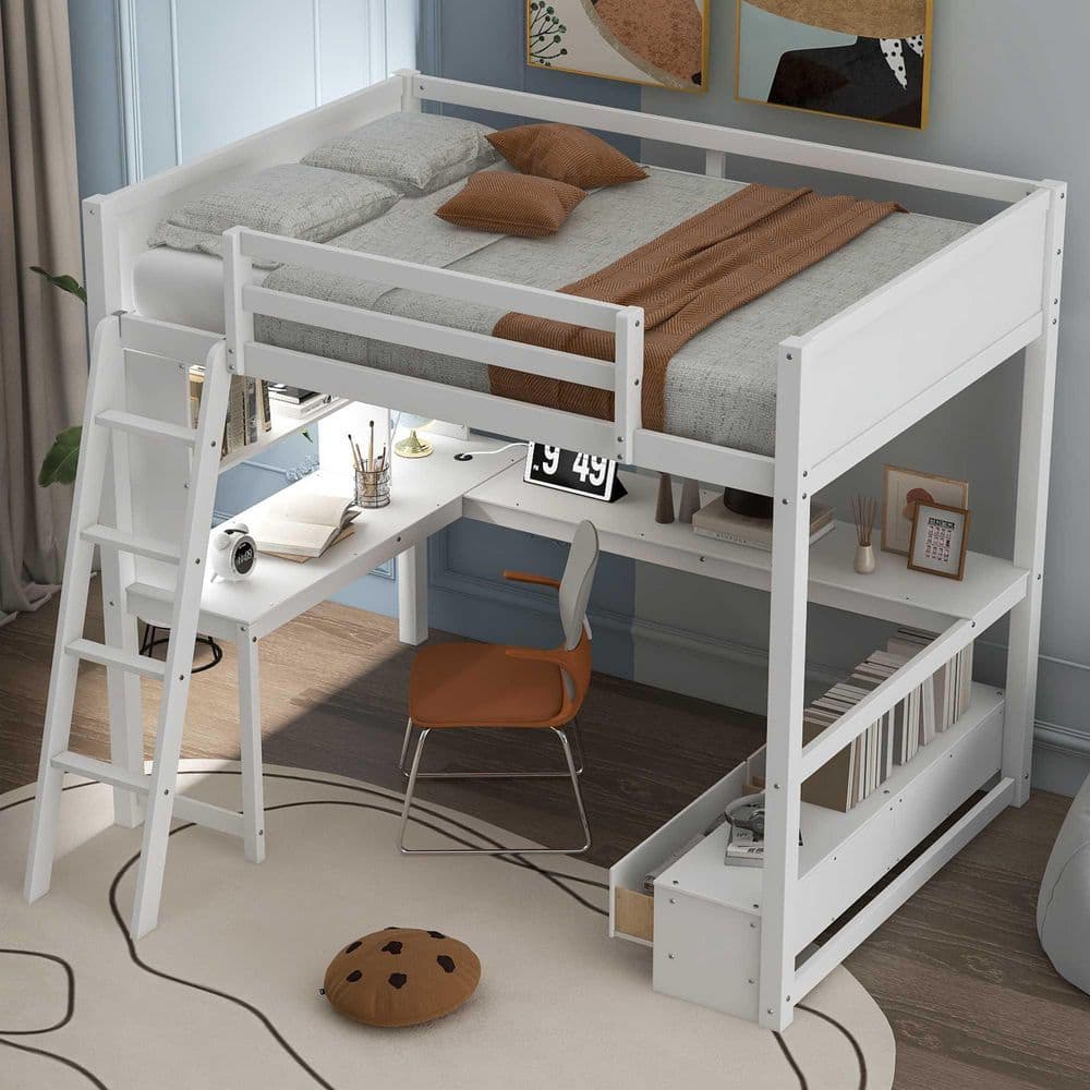 Polibi White Full Size Wood Loft Bed with L-shaped Desk, LED light and USB Charging Station ...
