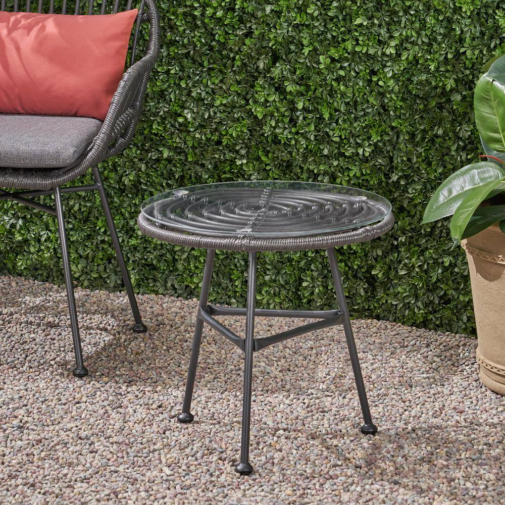Modern Outdoor Metal Side Table with Thin Angled Legs, Tempered Glass ...