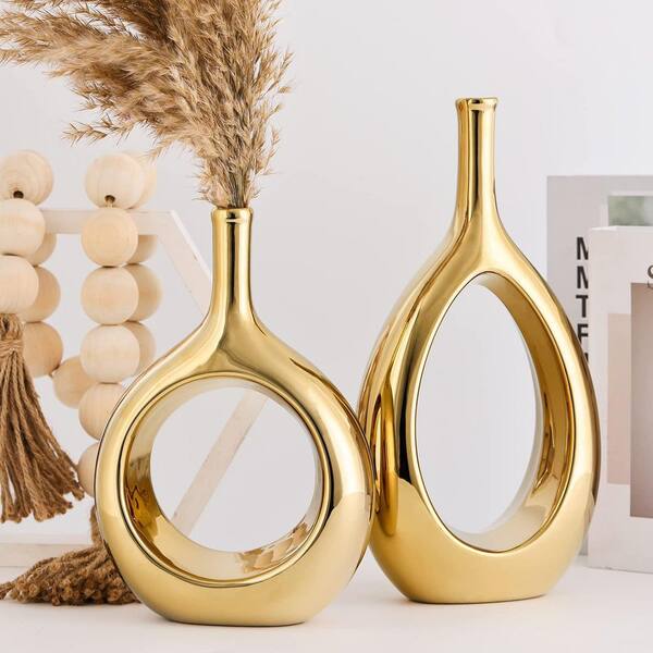 Glossy Gold Ceramic Vase Set 2, Modern Hollow Circle with Hole Flower ...