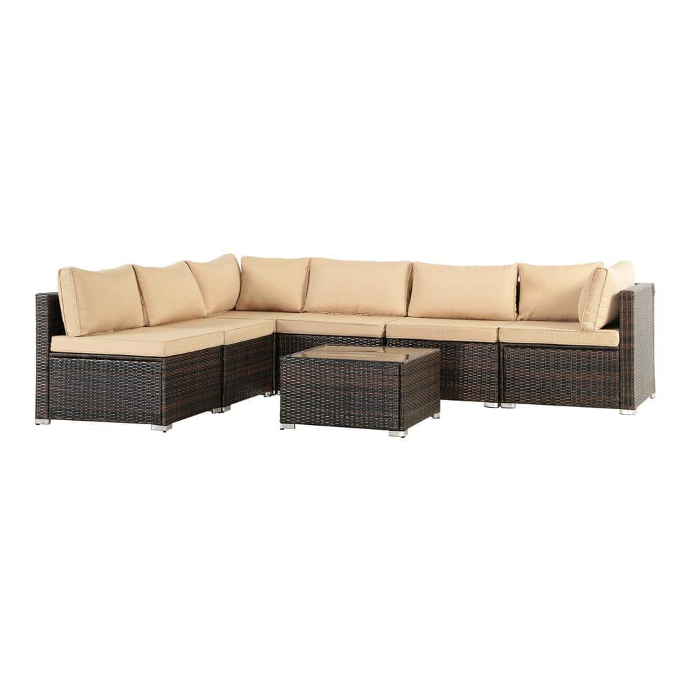 Zeus & Ruta 7-Piece Modern Rattan Wicker Garden Outdoor Sectional Set ...