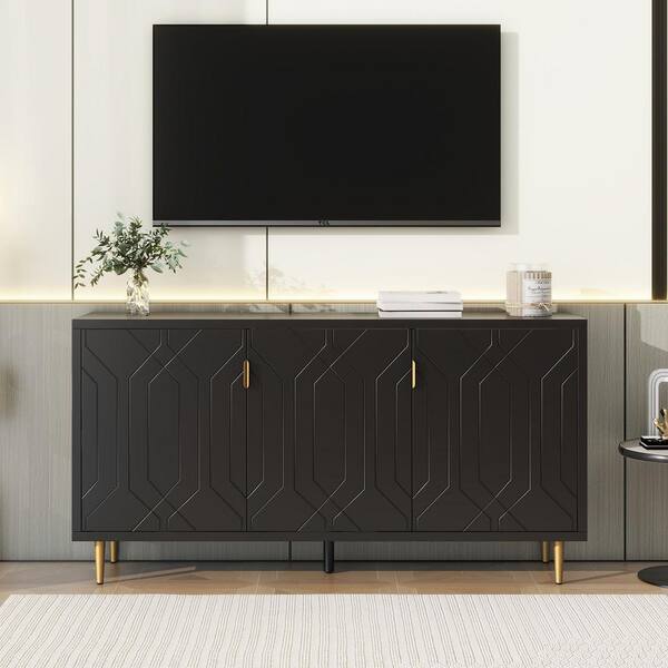 Boosicavelly Black TV Stand Fits TVs up to 70 in. with Doors and ...