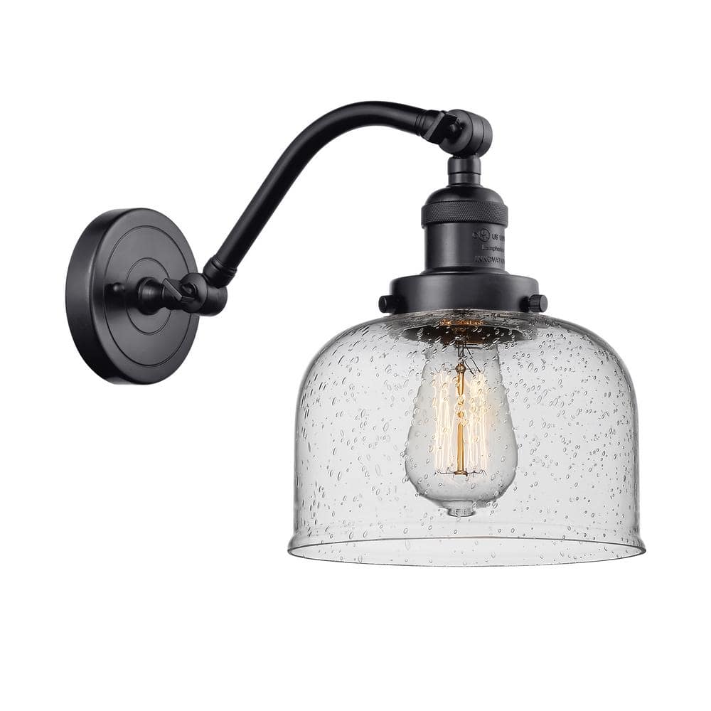 Innovations Bell 8 in. 1-Light Matte Black Wall Sconce with Seedy Glass ...