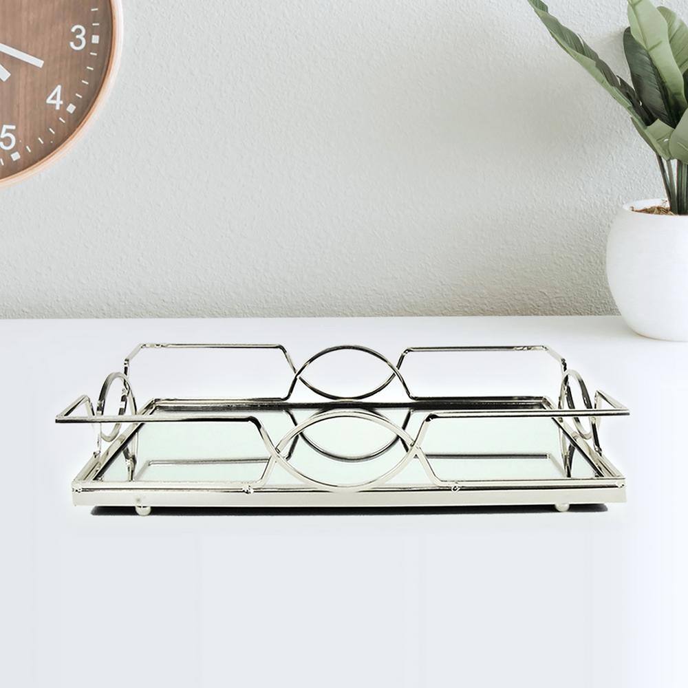 LIVING LUXURY Art Deco Rectangle Metal Mirror Silver Decorative Tray ...