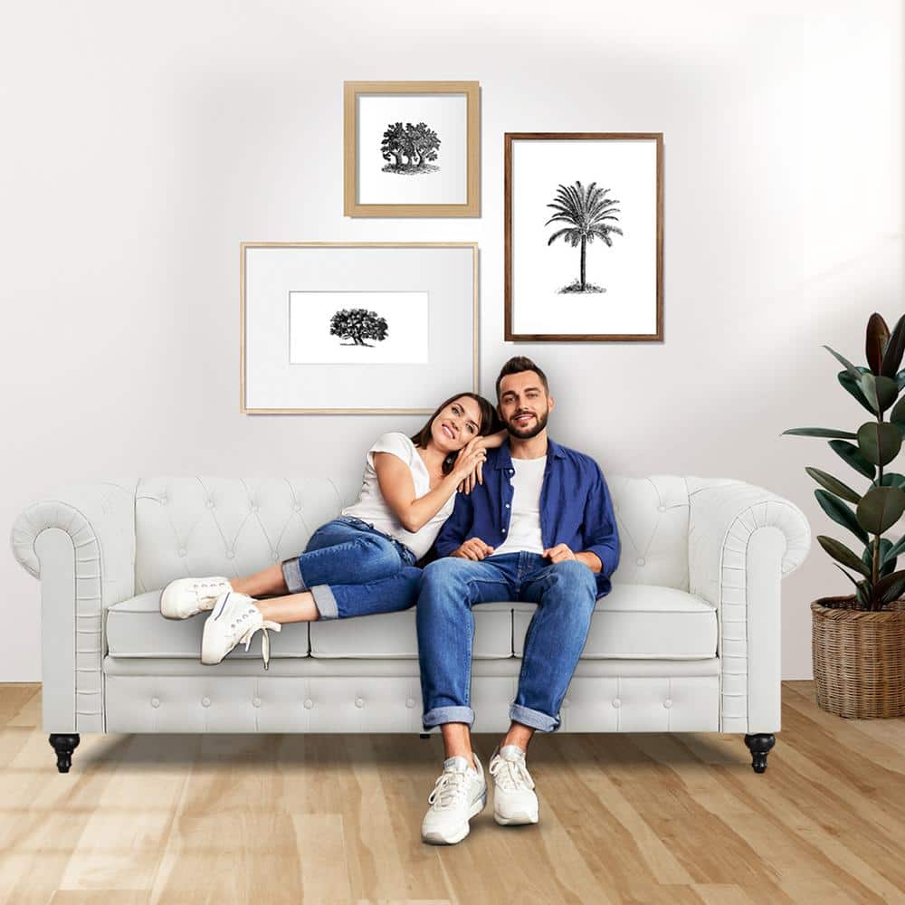 HOMESTOCK 88.58 in. Round Arm Faux Leather Rectangle Button Tufted 3 ...