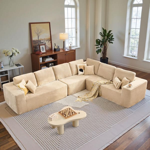 Allwex VI 137 in. Wide Arm 3-Piece Modern Plush Corduroy L-Shape Deep ...