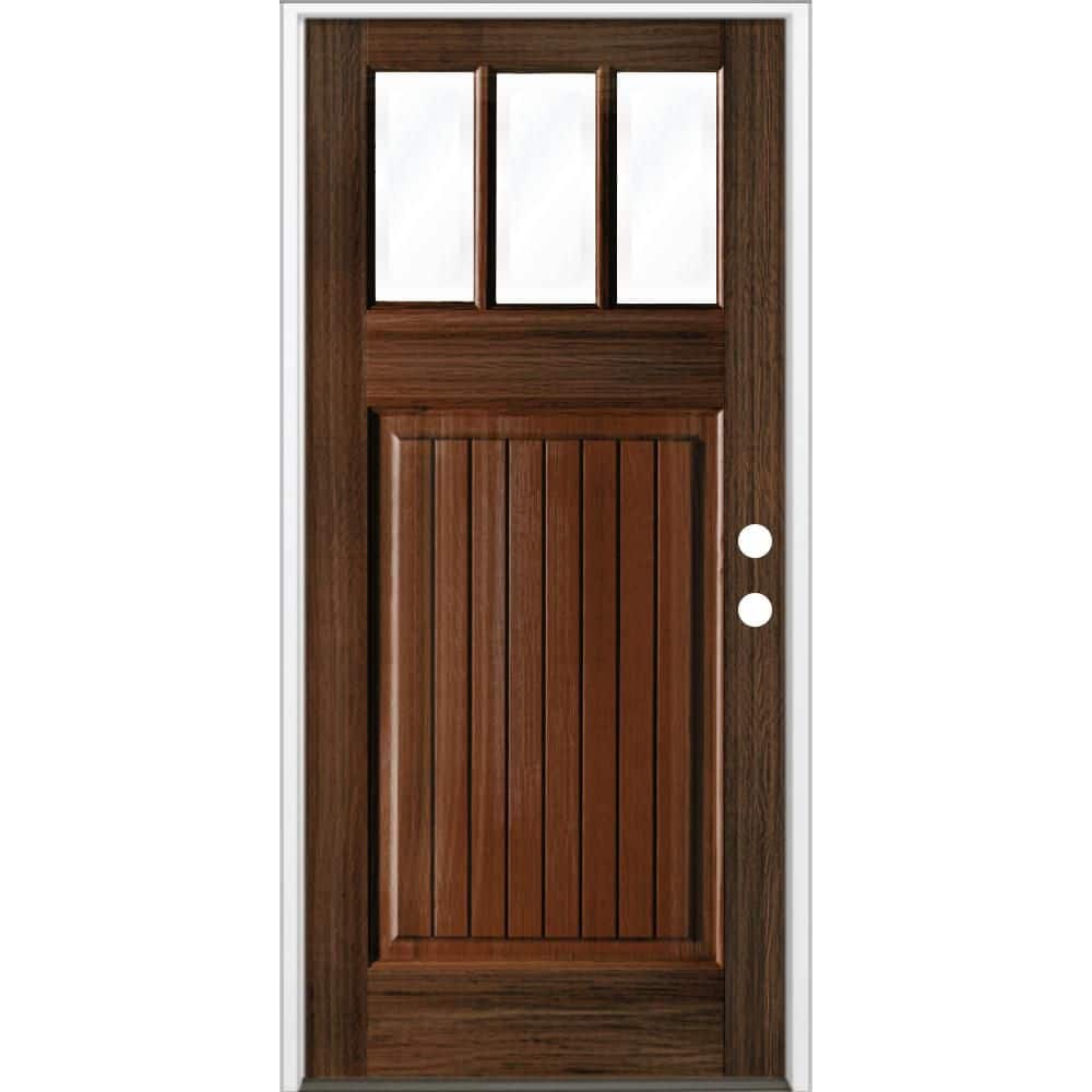 Krosswood Doors 36 in. x 80 in. Craftsman 3 Lite V Groove Red Mahogany ...