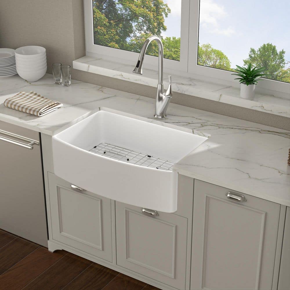 Sarlai 30 in. Single Bowl Ceramic Round Corner Farmhouse/Apron Front ...
