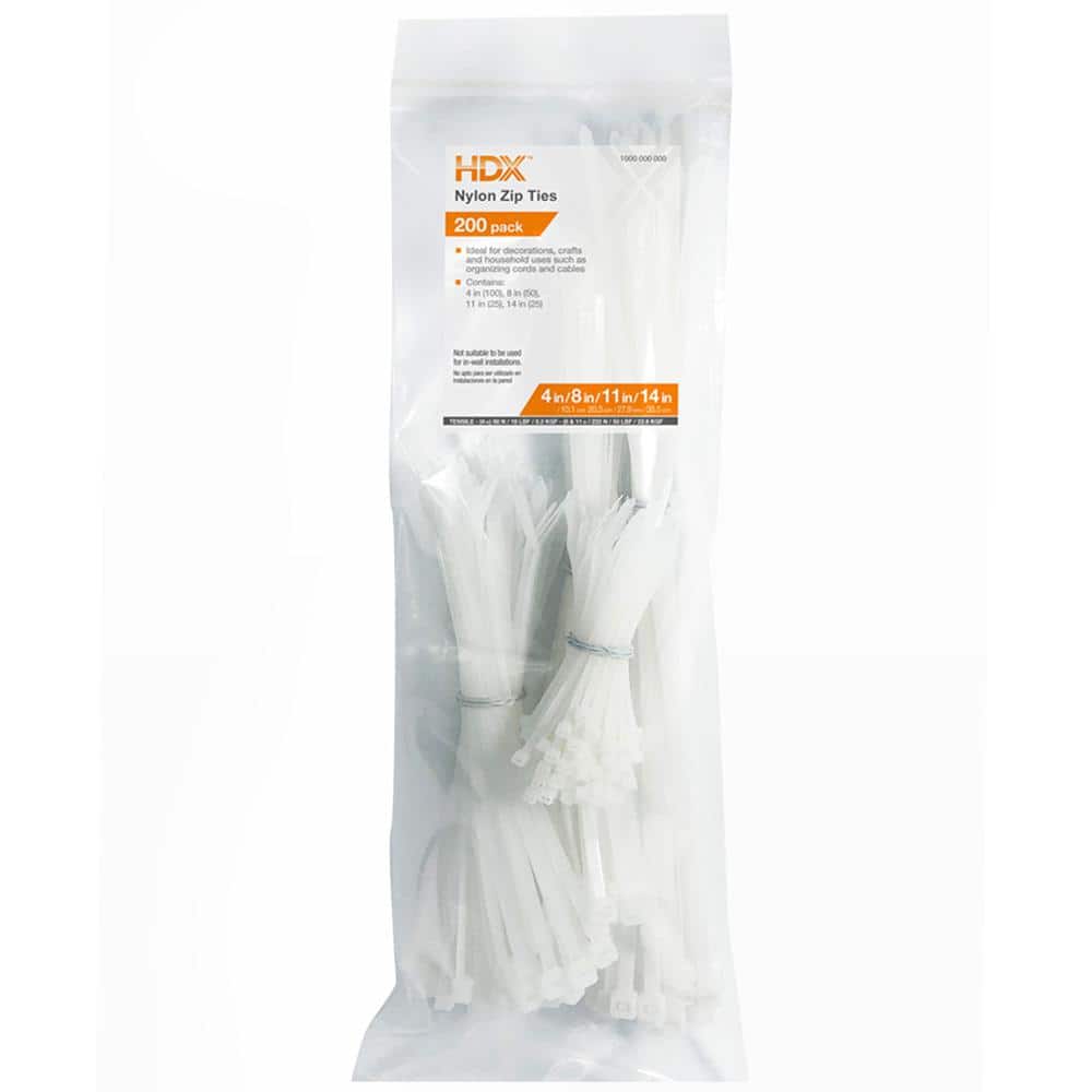 HDX 4 in. and 8 in. and 11 in. and 14 in. Zip Tie Natural (200-Pack ...