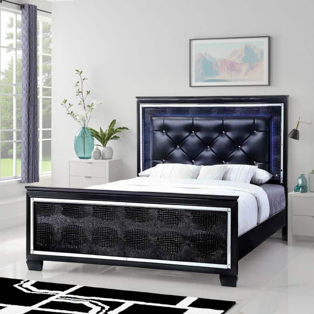 Benjara Black Wood Frame King Size Panel Bed with Silver Trim Accents ...