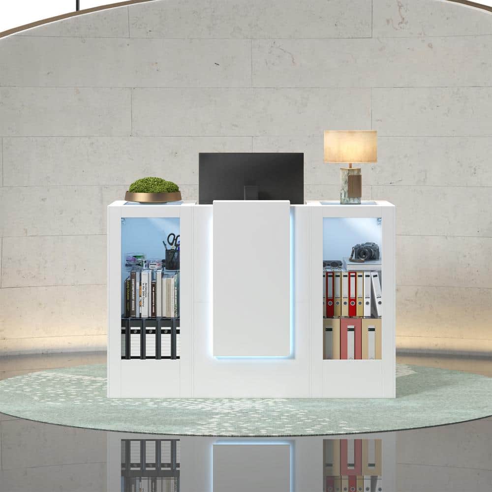 FUFU&GAGA 59.1 in. W Rectangle White Wooden Computer Desk, Writing Desk ...