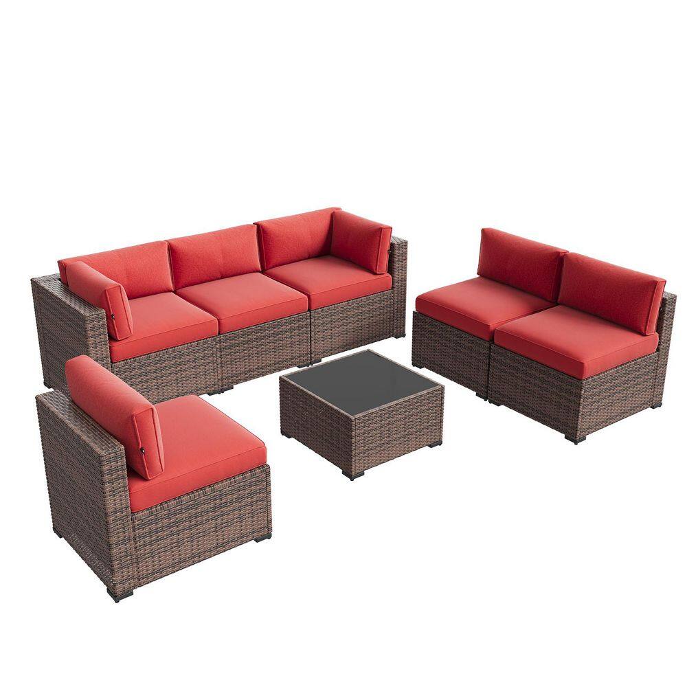 Sizzim Brown 7-Piece Wicker Rattan Outdoor Sectional Set with Red ...