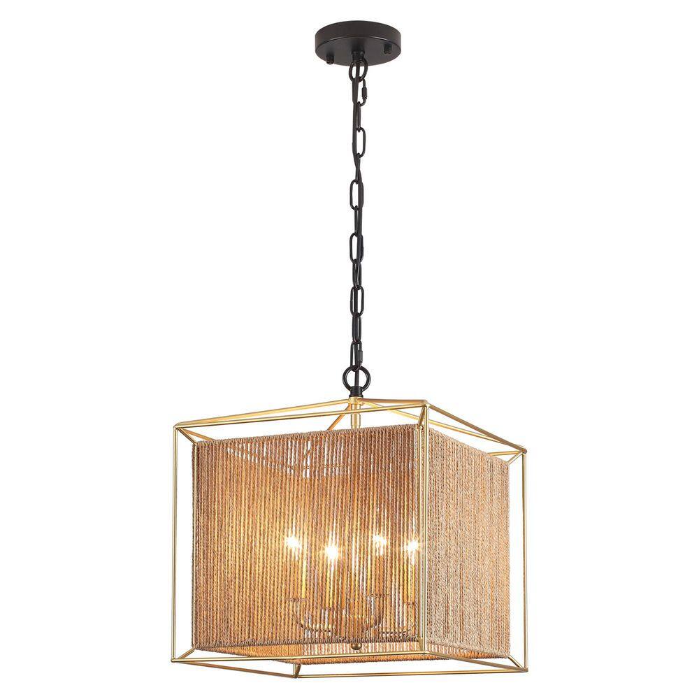 ETONIMERR Scrow 4-Light Gold Rustic Square Rattan Pendant Light ...