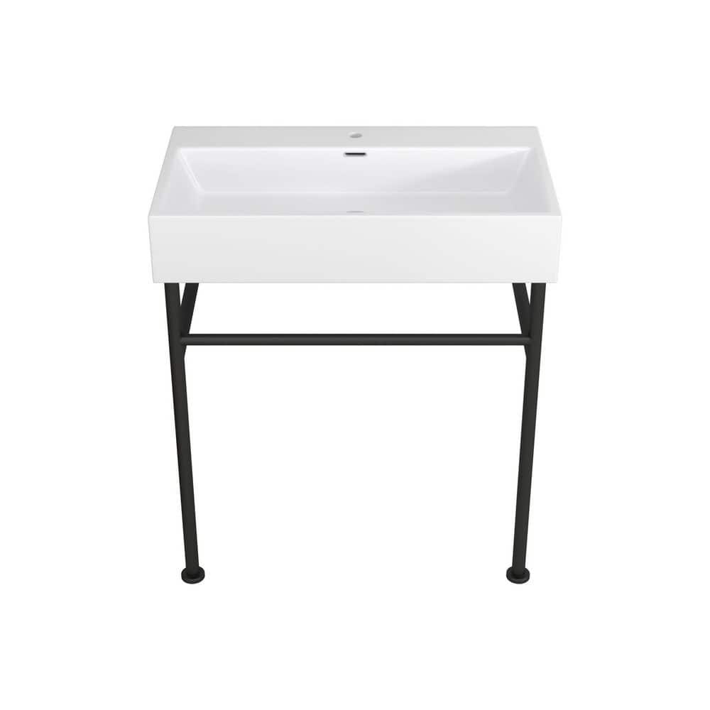 Logmey 30 in. Ceramic White Single Bowl Console Sink Basin and Leg ...