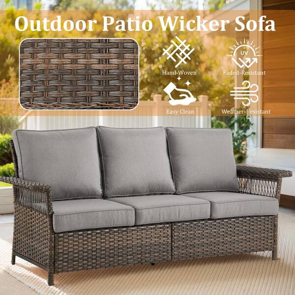 Gymojoy StLouis Brown Wicker Outdoor Couch with Gray Cushions GM SLBR13 3 The Home Depot