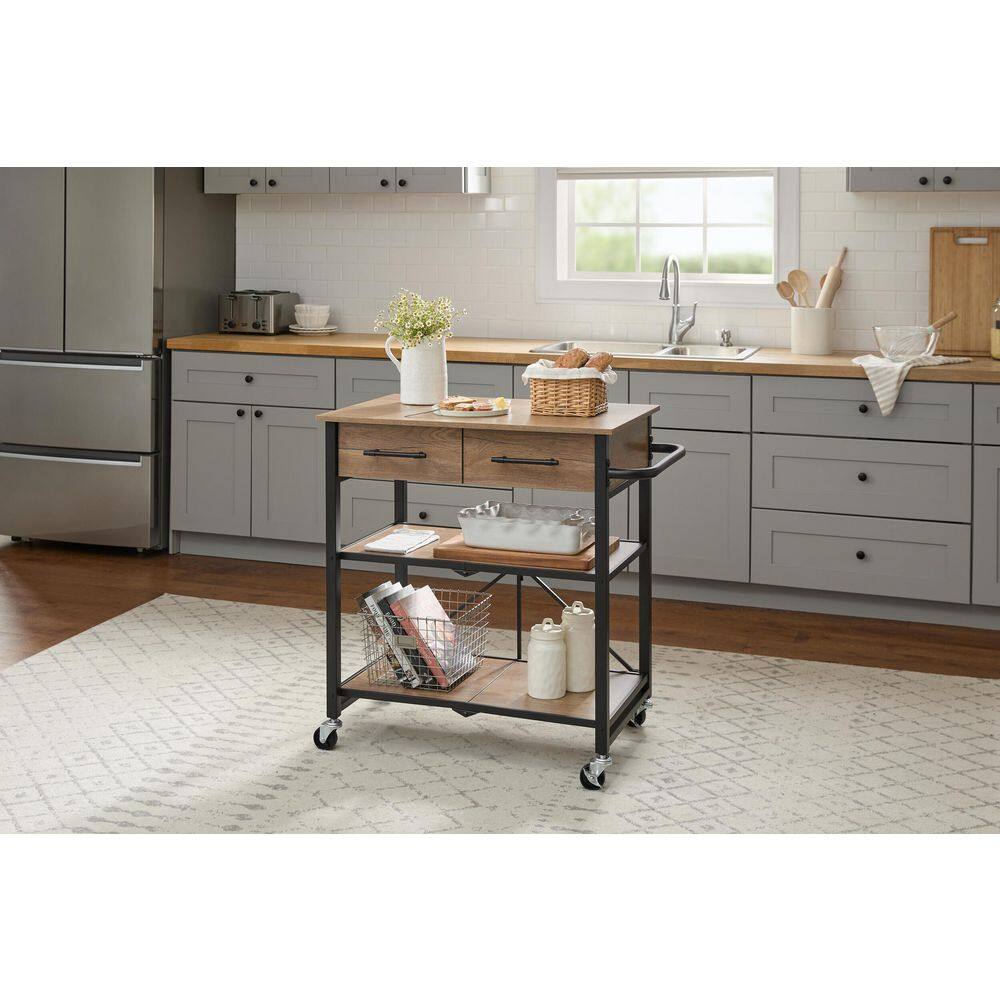 StyleWell 32 in. Wood Folding Kitchen Cart with Metal Frame, 2-Drawers ...