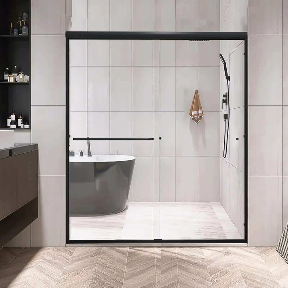 Satico 60 in. W x 70 in. H Double Sliding Framed Shower Door in Black ...