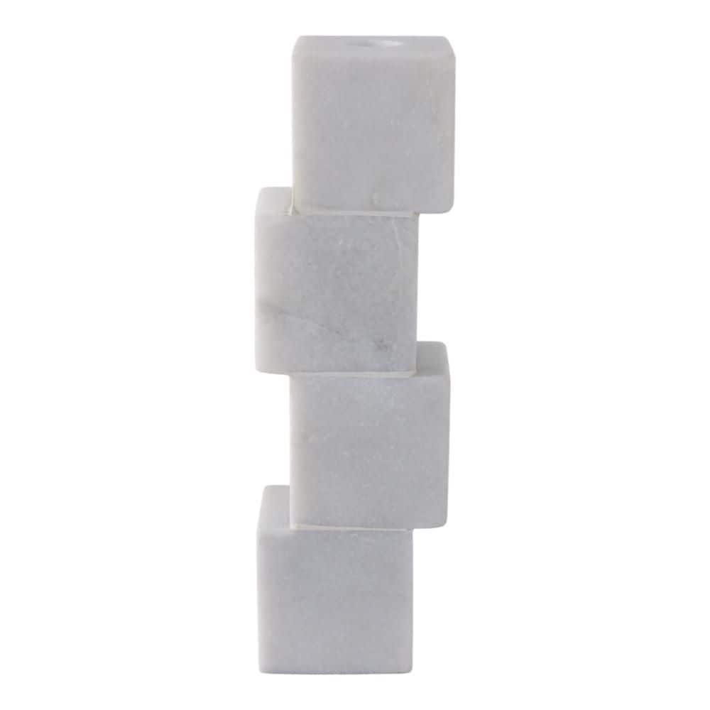Liv & Skye White 10 in. Stone Stacked Cube Marble Taper Candle Holder ...