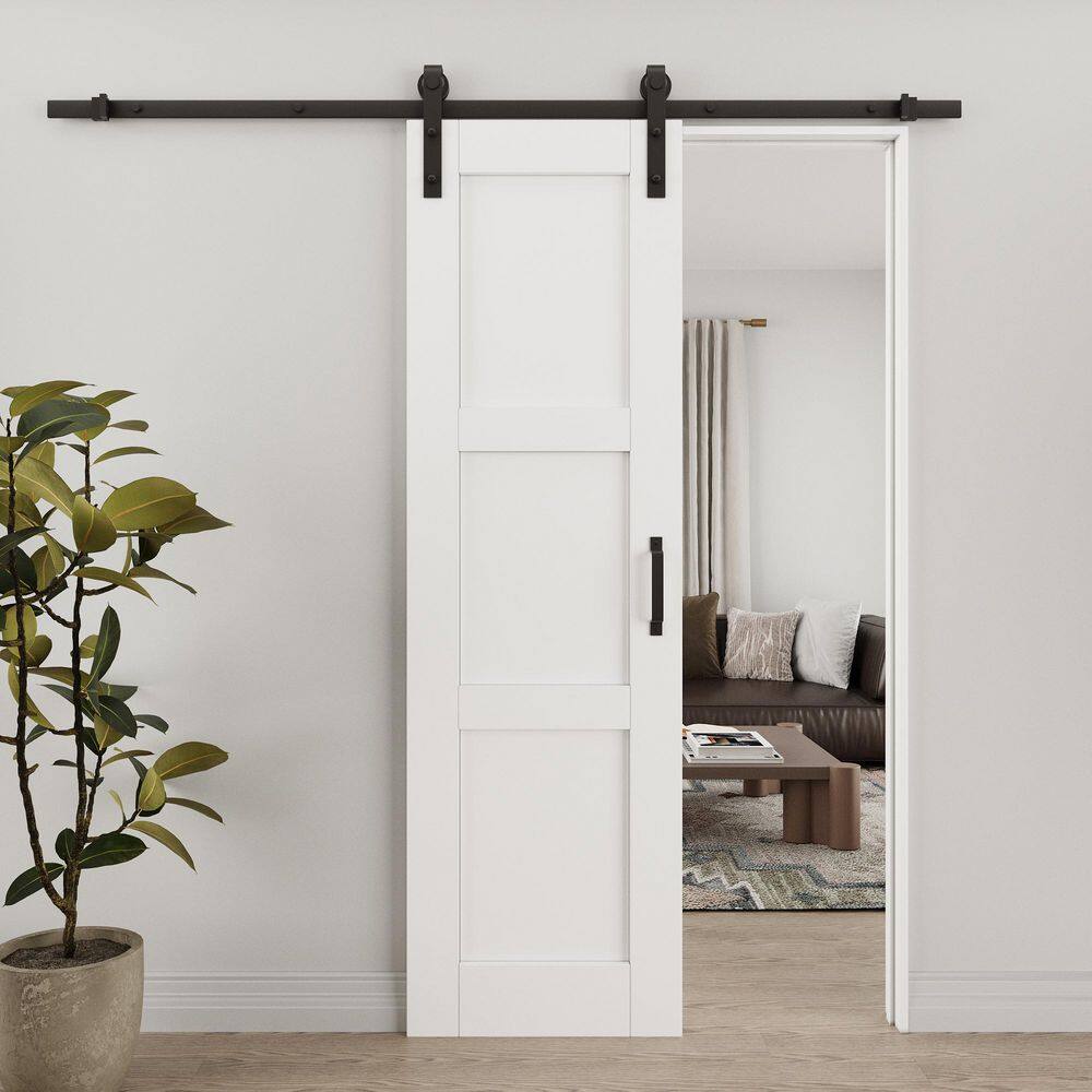 ARK DESIGN 24 in. x 80 in. Paneled 3-Lite White Primed MDF Sliding Barn Door with Hardware Kit ...