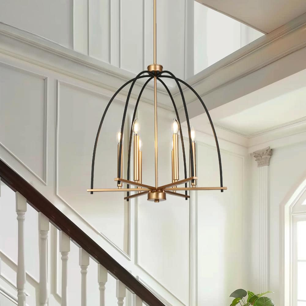 Zevni Modern Farmhouse 23.6 in. W 6-Lights Black and Gold Caged ...