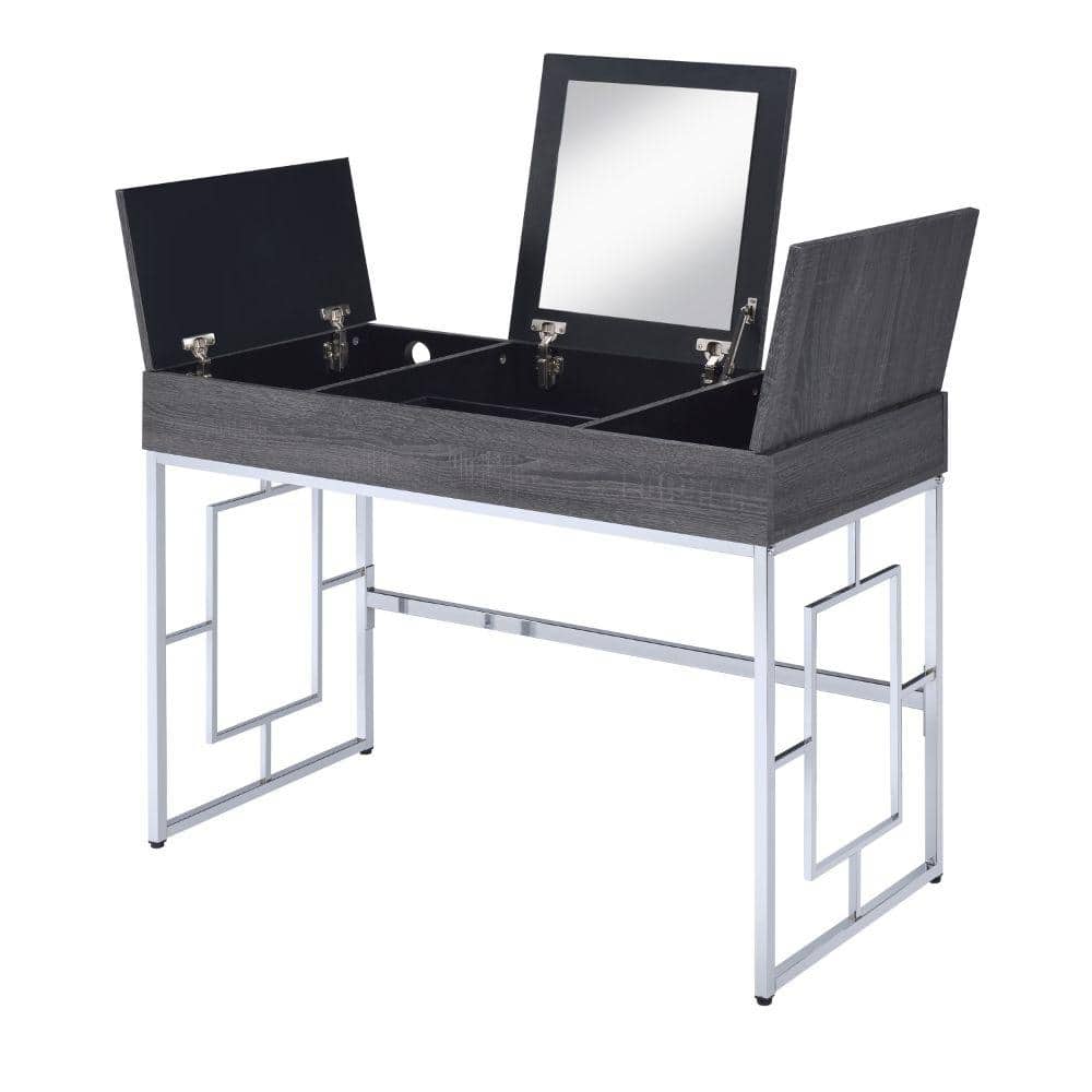 Benjara Gray and Silver Wooden Vanity Desk with Three Storage ...