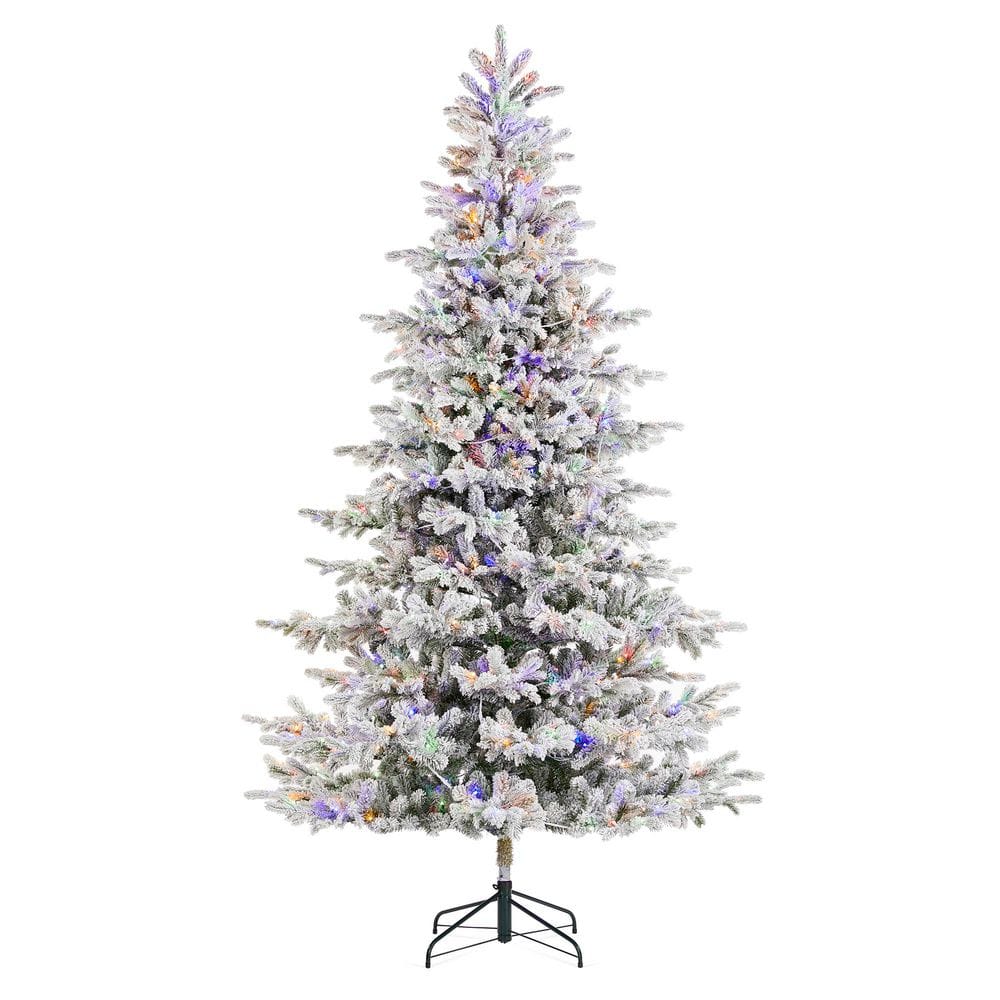 Glitzhome 9 ft. Pre-Lit Flocked Full Fir Artificial Christmas Tree with 650 Warm White ...