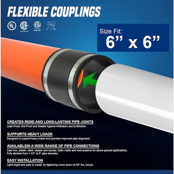 PLUMBFLEX 6 in. PVC Flexible Coupling with Stainless Steel Clamps ...