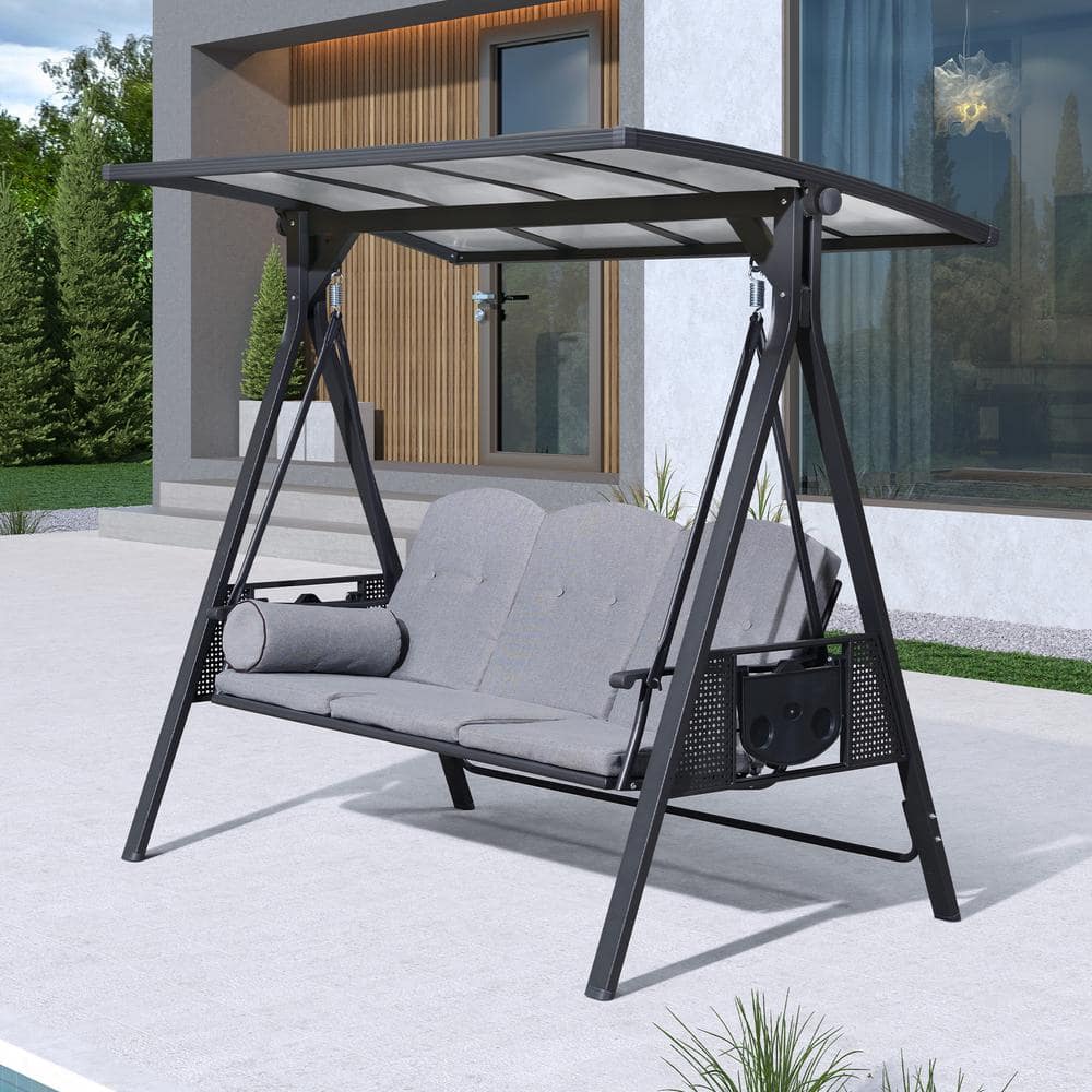 PURPLE LEAF Patio 3-seat Adjustable PVC Canopy Porch Swing with Side ...