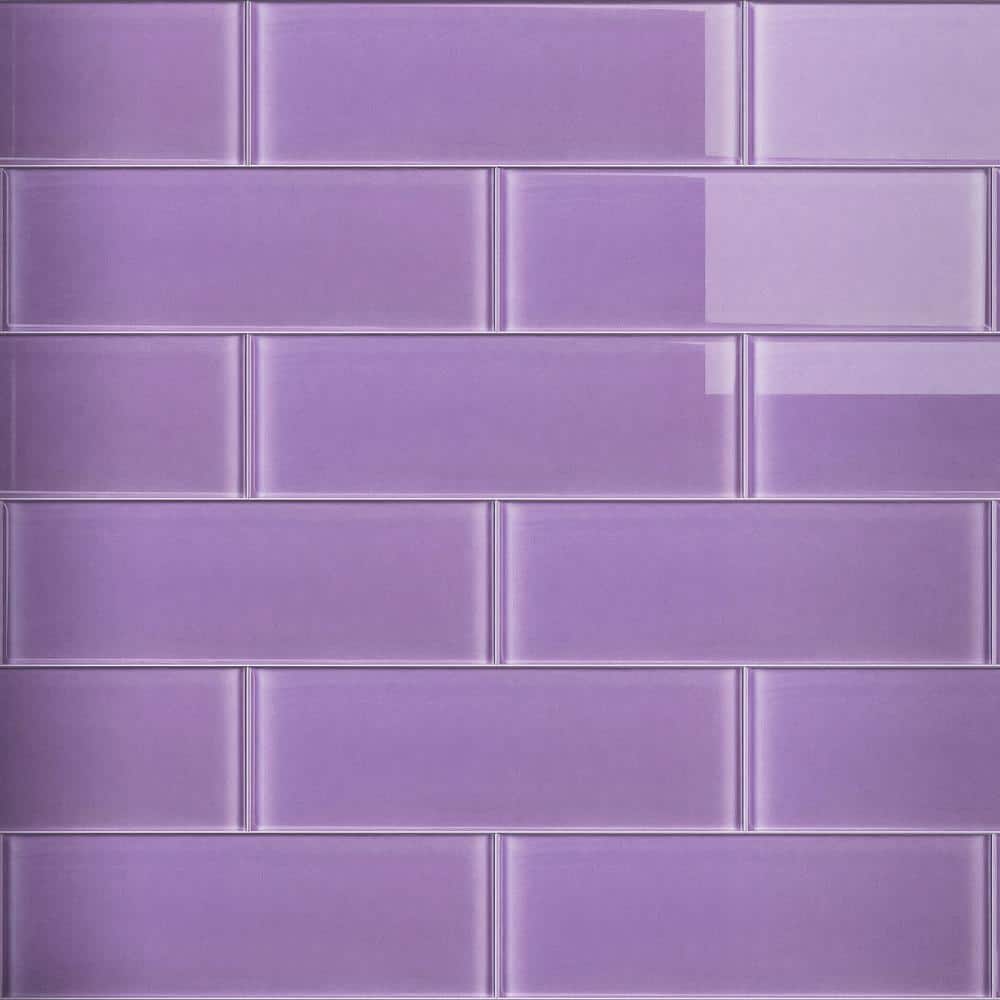MOLOVO Crystile Purple 12 in. x 4 in. Subway Glossy Glass Mosaic Tile ...