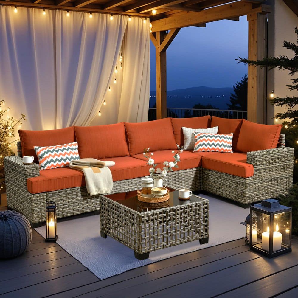 OVIOS Tiberty Gray 6-Piece Wicker Patio Conversation Seating Set with ...
