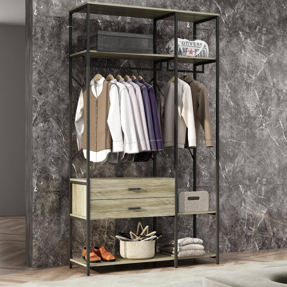 FUFU&GAGA Black and Brown Metal Frame Hall Tree With Hanging Rods and ...