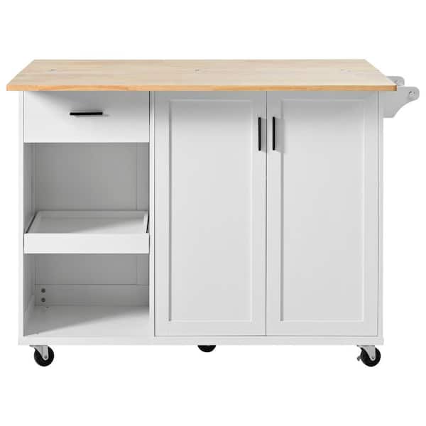 White Wood 49 in. Kitchen Island with Slide-Out Shelf, Towel Rack and ...