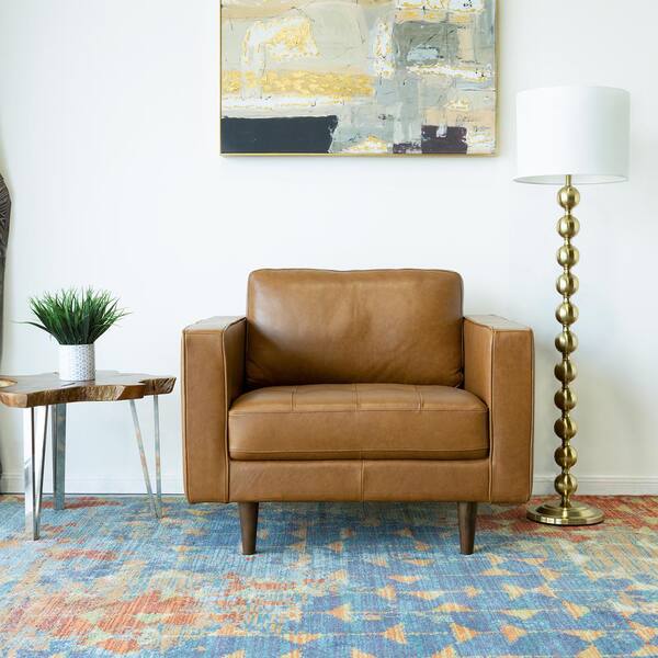 Ashcroft Furniture Co Jax Tan Genuine Leather Upholstered Tufted Pillow Back Mid Century Armchair ASH0355